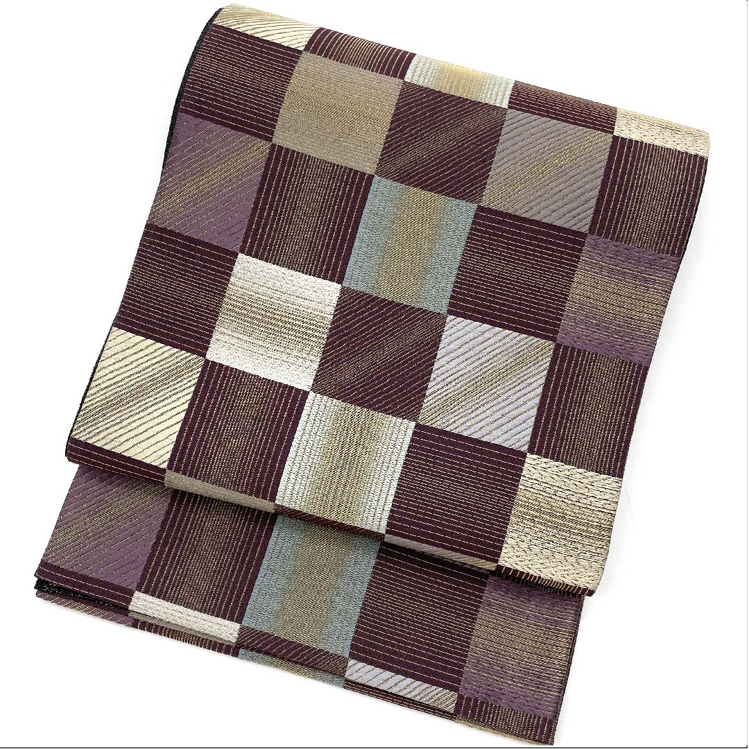 【リサイクル着物】袋帯 小紫色 市松模様 438cm 正絹 Aランク 六通 セミフォーマル 紫系 1123008993320