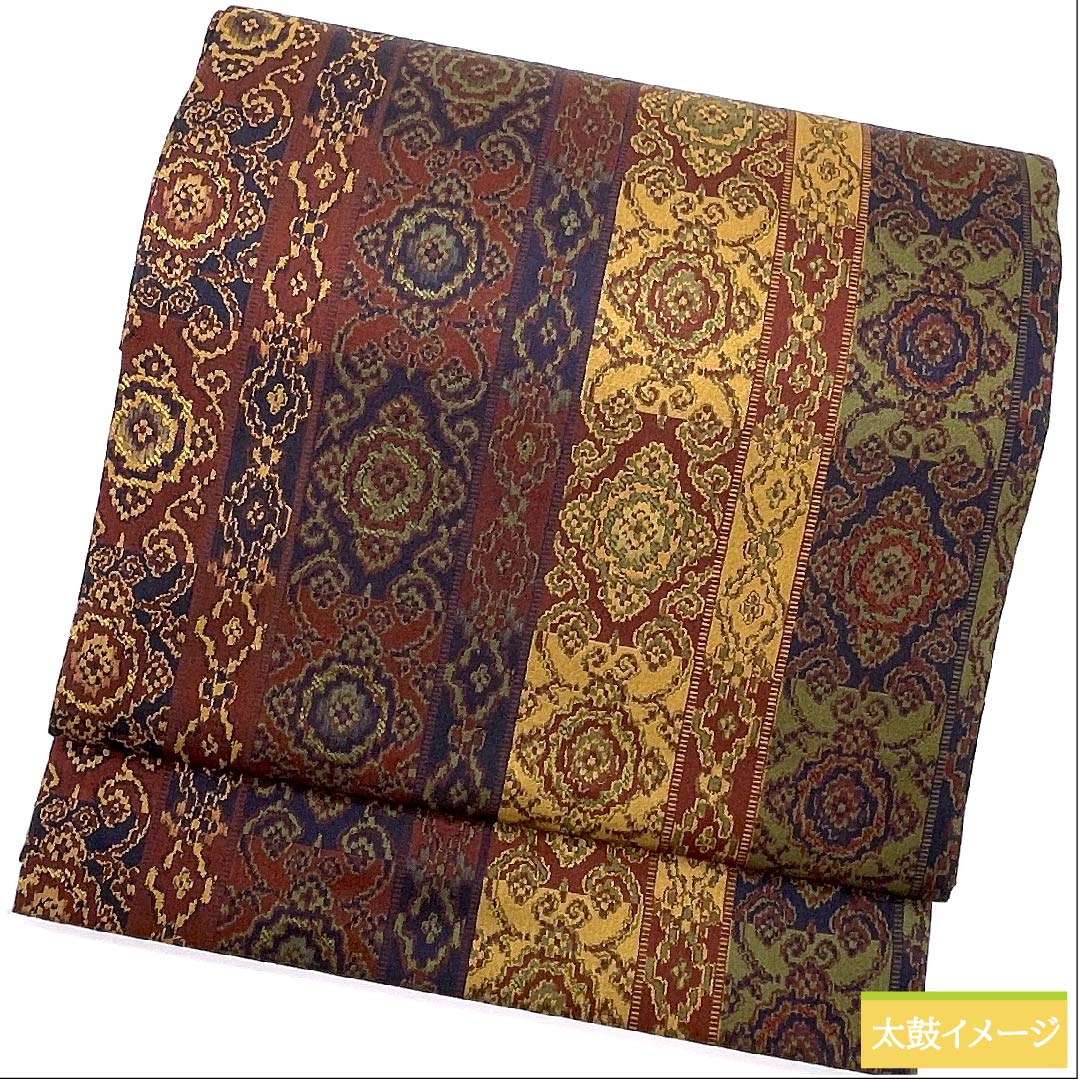 [Recycled Kimono] Nagoya Obi, Azuki Brown, Shobaori, Classical Pattern ...